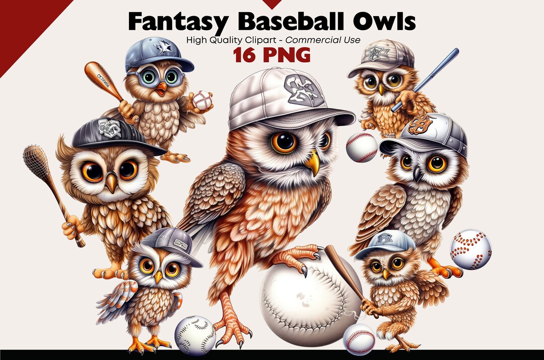 Fantasy Baseball Owls Clipart Bundle, Sports Owls Png Watercolor ...