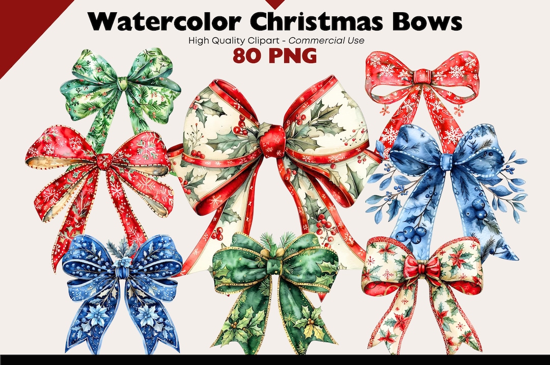 Christmas Bows Clipart Bundle Traditional Winter Graphics Digital ...