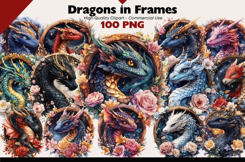 Floral Dragon Fame Clipart Bundle Fantasy Animals Digital Download PNG ...