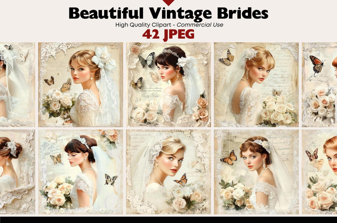 Vintage Wedding Clipart Bundle With Beautiful Brides JPEG Graphics for ...
