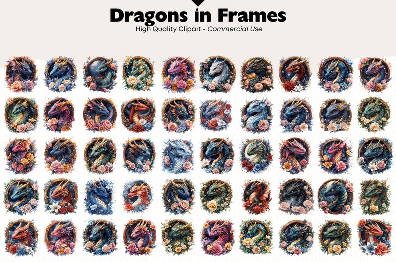Floral Dragon Fame Clipart Bundle Fantasy Animals Digital Download PNG ...