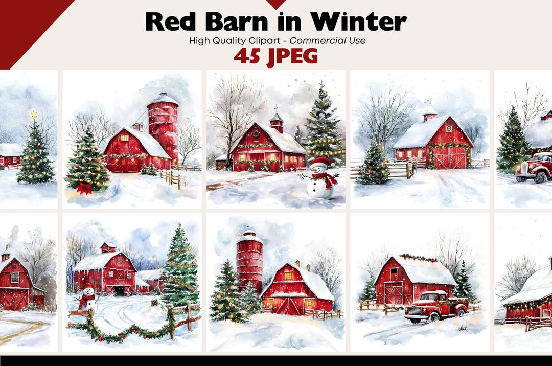 45 Winter Red Barn Scenery JPEG Graphics Commercial Use Snowy ...