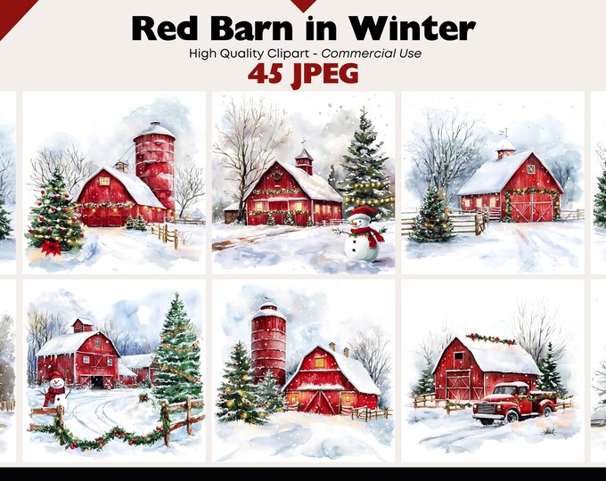 14 Clipart Winter Barns | Snowy Barn Scenery Clipart Bundle | Printable ...
