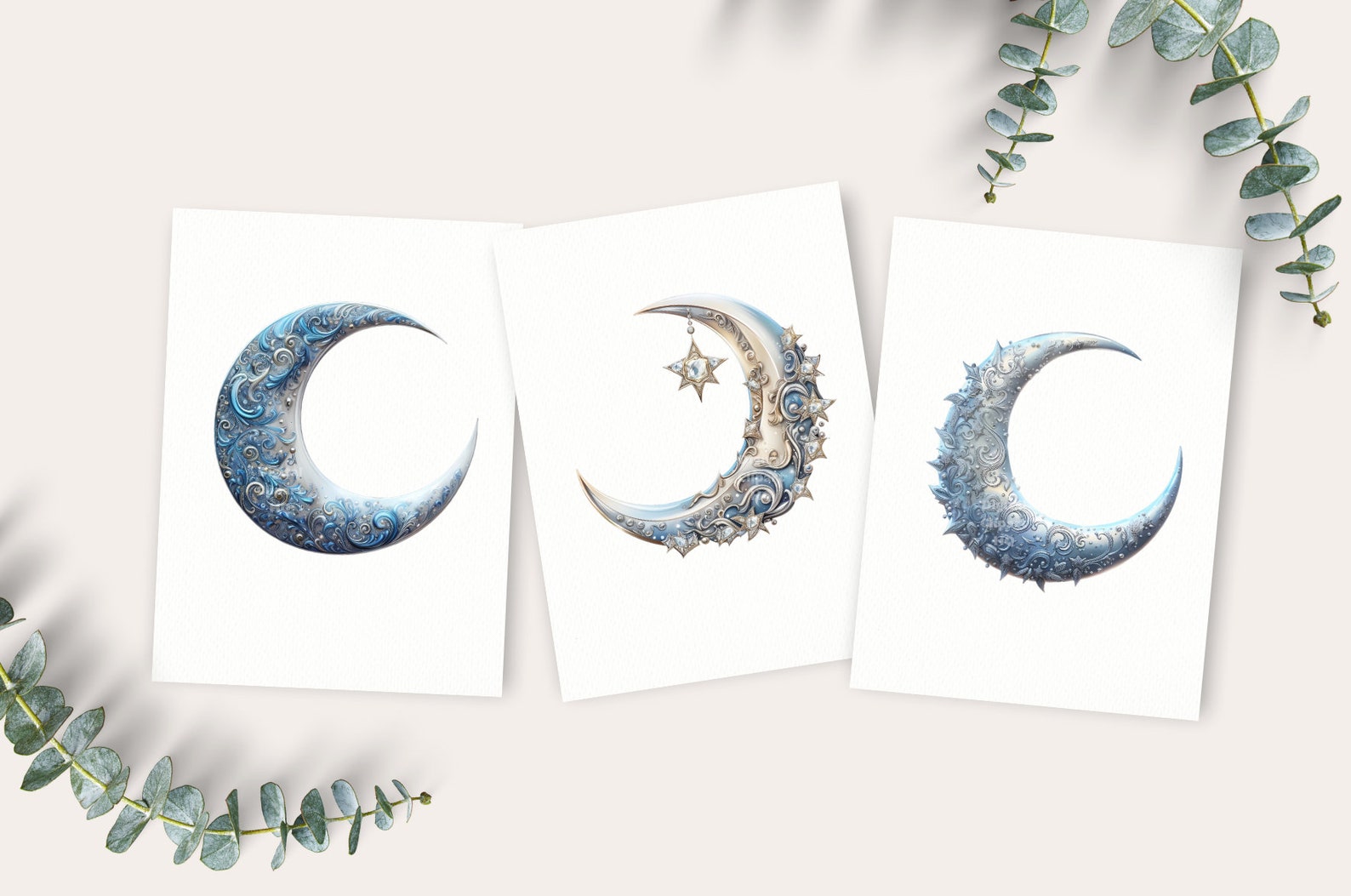 Blue Moon Clipart Set, Whimsical Moon Wall Art, Silver Moon Watercolor ...
