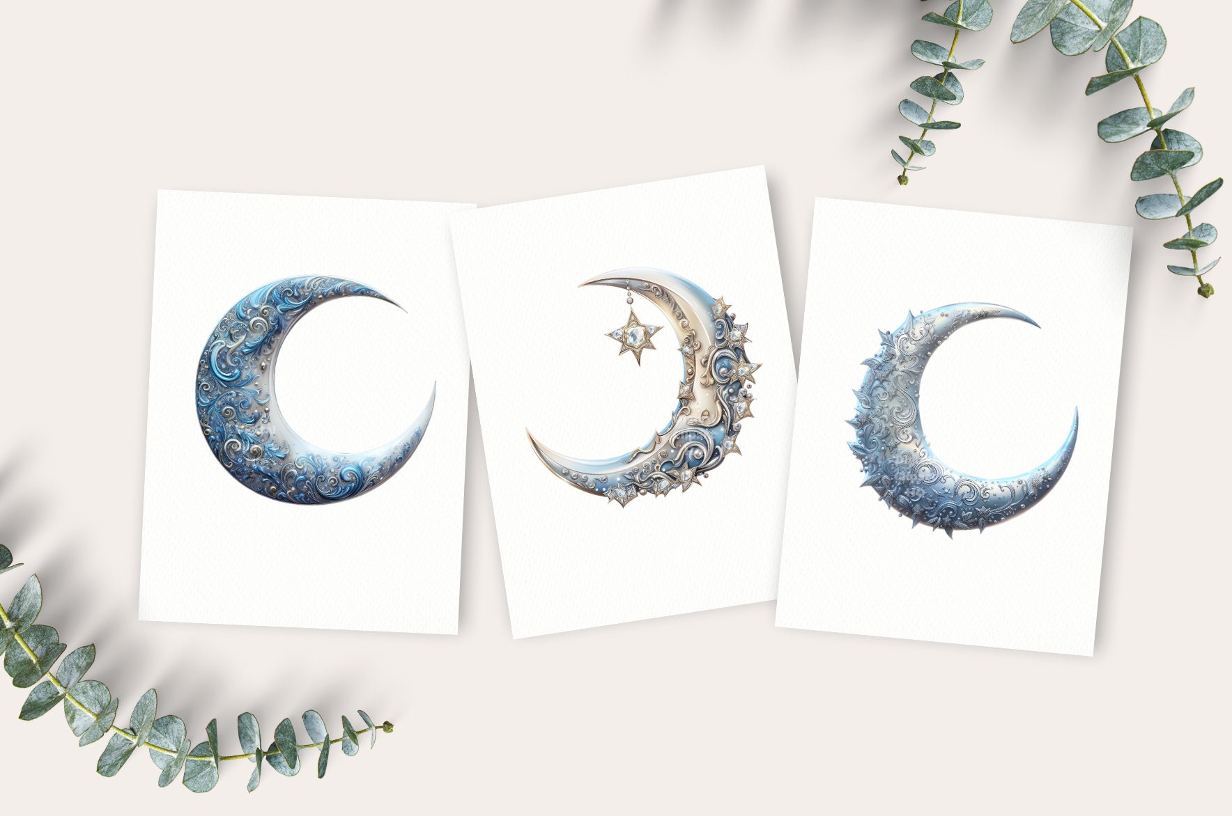 Blue Moon Clipart Set Whimsical Moon Wall Art Silver Moon - Etsy