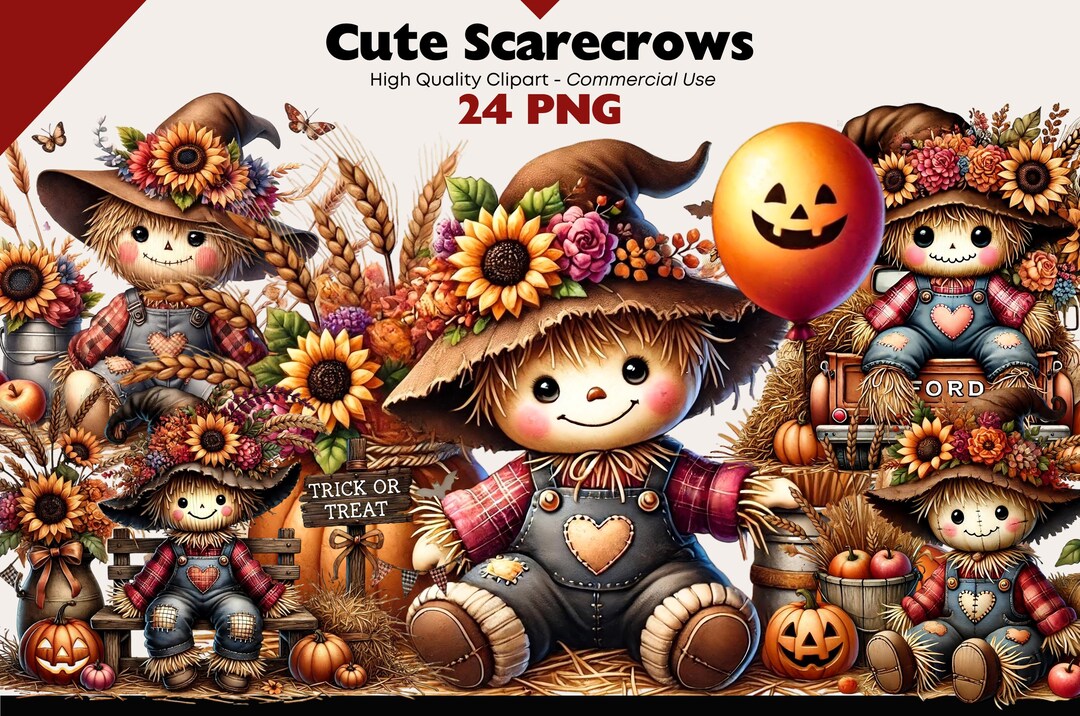 Cute Scarecrow Clipart Bundle Autumn Watercolor Graphics Scarecrow PNG ...
