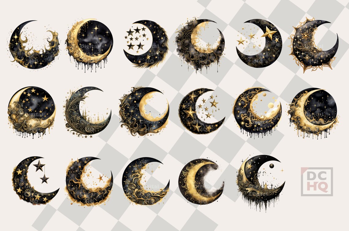 Black and Gold Moon Clipart Set Whimsical Moon Wall Art - Etsy