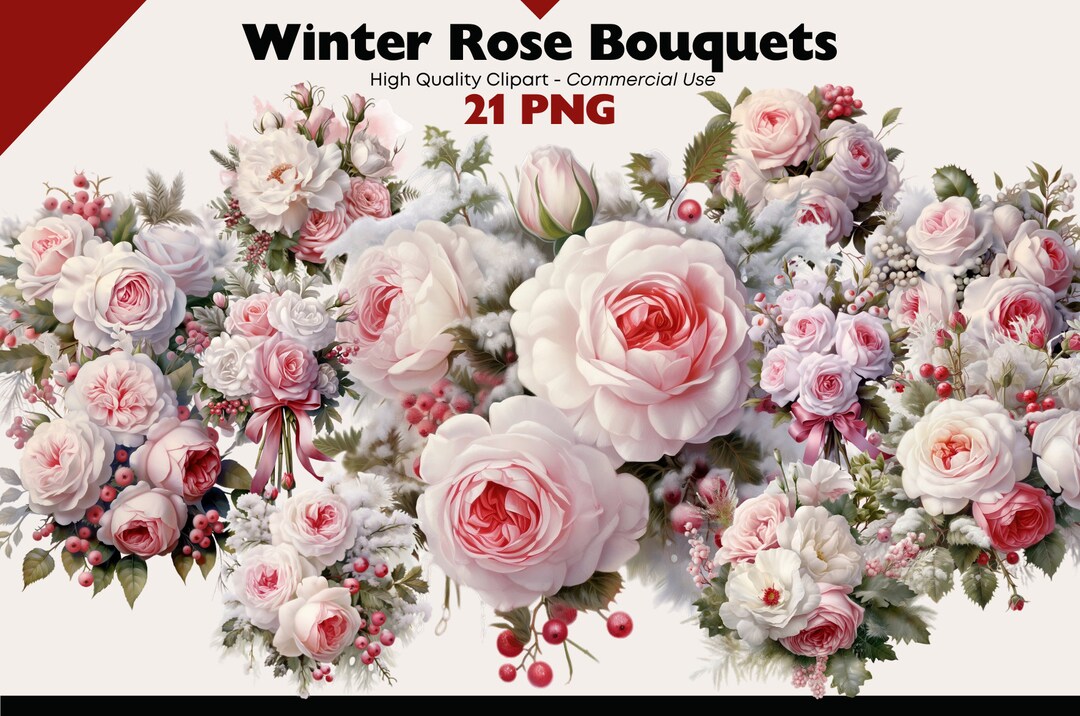 Winter Rose Bouquet Clipart Bundle, White and Pink Flower Arrangement ...