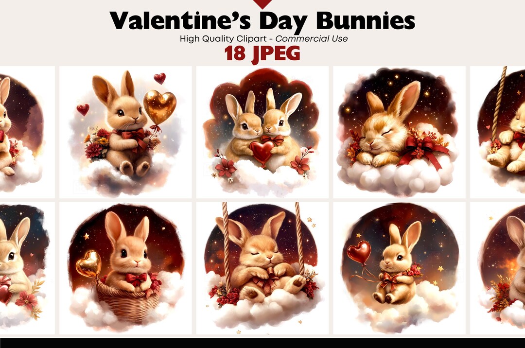 Valentine Bunny Clipart PNG JPEG, Cute Love Bunny Printable Art ...