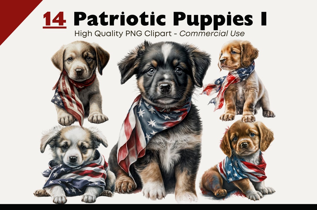 Patriotic Puppies Clipart, Watercolor 4th of July Dog Clipart, Memorial ...