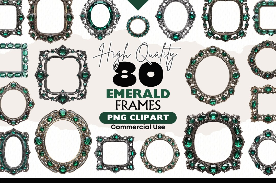 Emerald Frame Clipart Bundle, Green Gemstone PNG Frames, Ornate Vintage ...