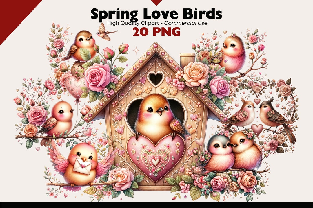 Love Birds Clipart Bundle, Spring Watercolor, Cute Valentine's Day ...