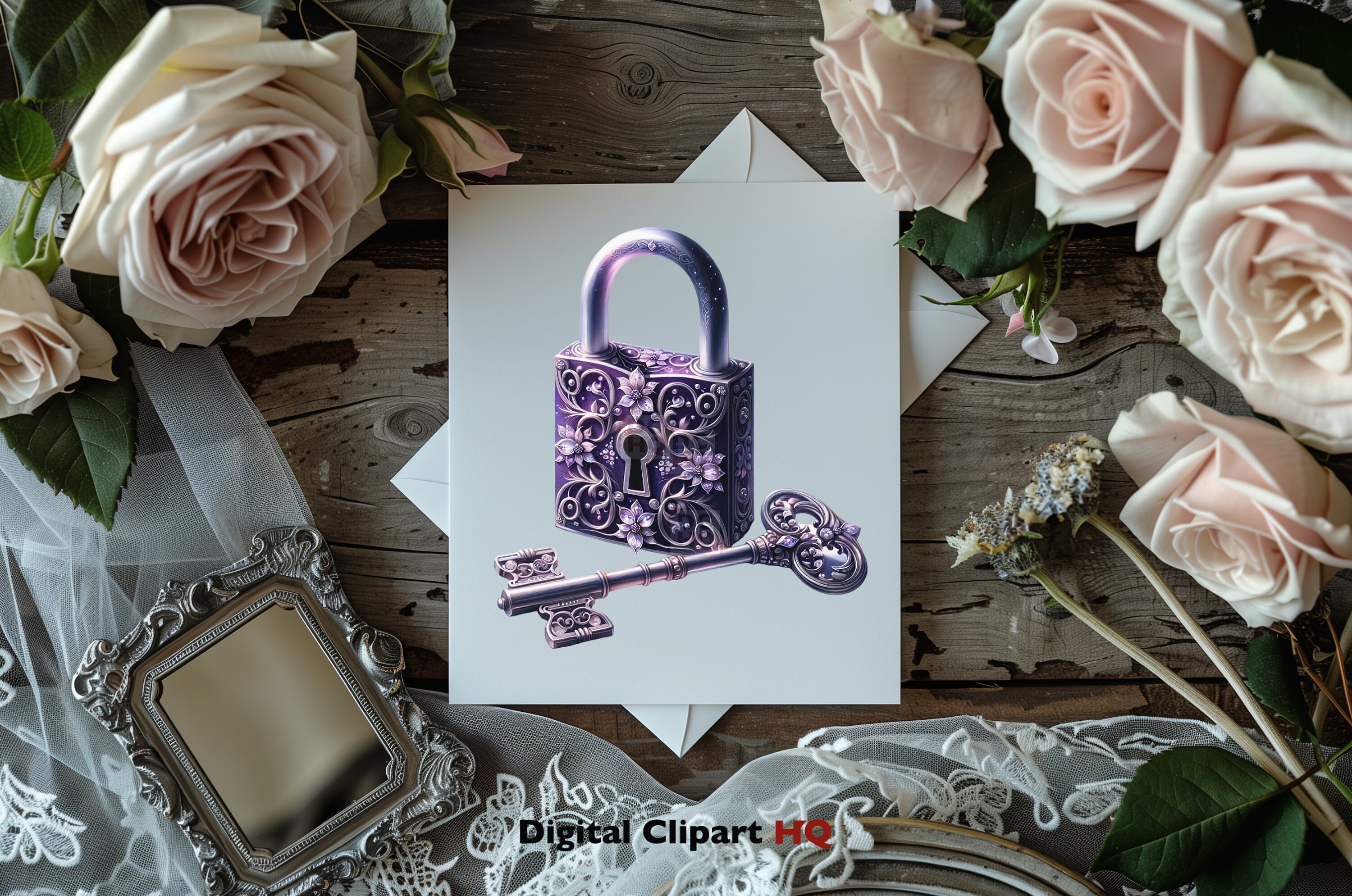 Vintage Padlock Clipart Bundle, Watercolor Lock and Key PNG, Victorian ...