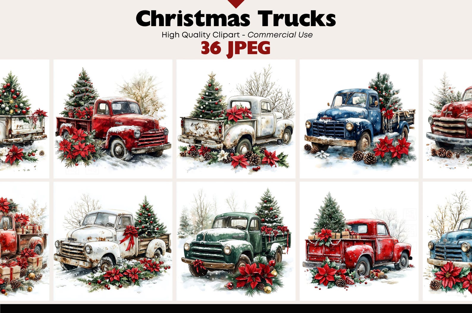 Christmas Truck Clip Art, Vintage Farm Truck Christmas Art, Winter ...