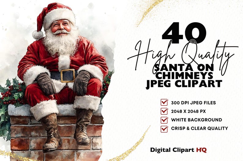 Santa on Chimney Clipart Father Christmas With Reindeer JPEG Watercolor ...