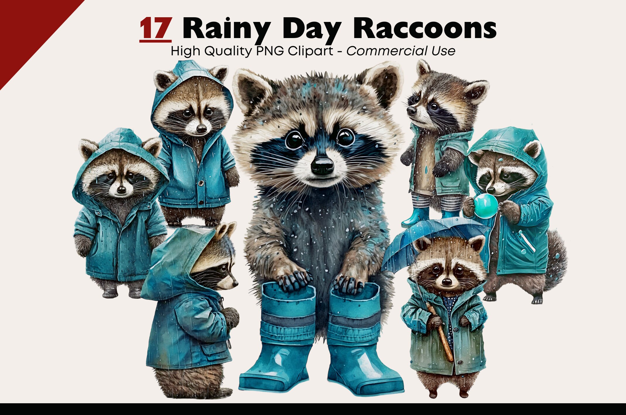 Rainy Raccoon Clipart Bundle, Blue Raincoat Raccoon Watercolor Clipart ...