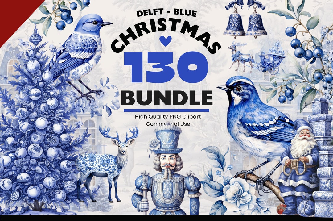 Christmas Delftware Big Clipart Bundle, Vintage Blue Delft Style ...