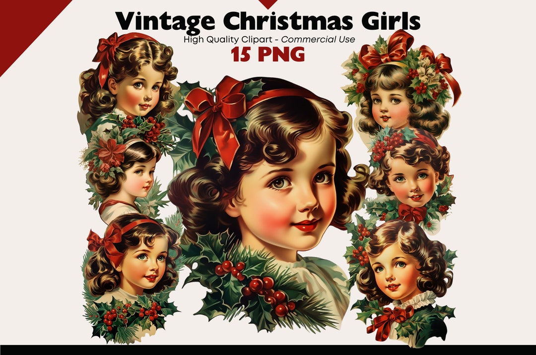 Vintage Christmas Girl Clipart Bundle, Vintage Christmas PNG, Christmas ...