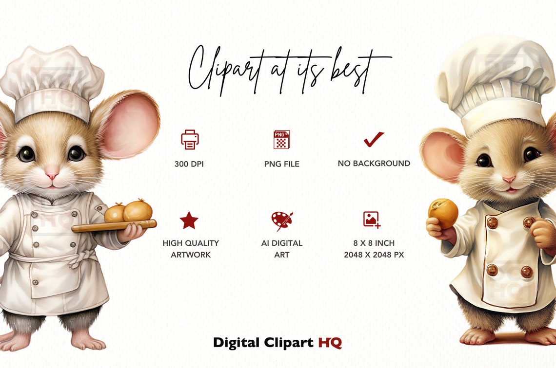 Cute Little Mouse Chef Clipart Bundle, Mice in Kitchen Watercolor ...