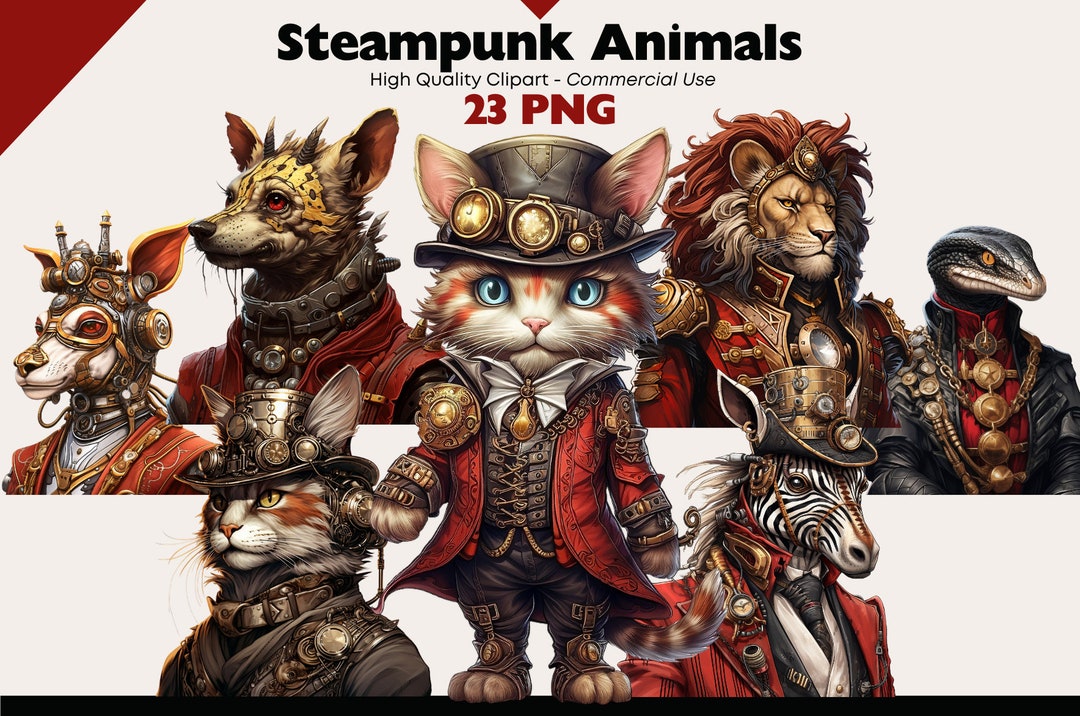 Steampunk Animal Clipart Set, Fantasy Animals PNG, Lion Steampunk ...