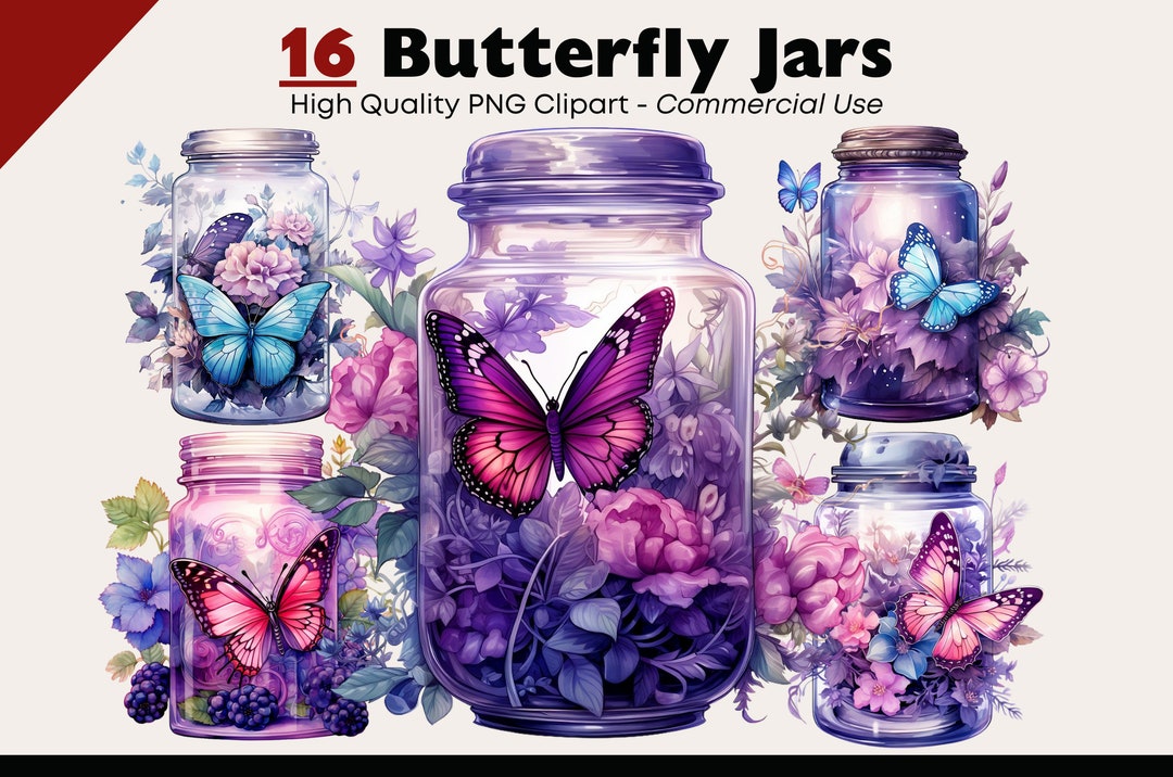 Magical Butterfly Jar Clipart Bundle, Purple Butterflies Watercolor Set ...