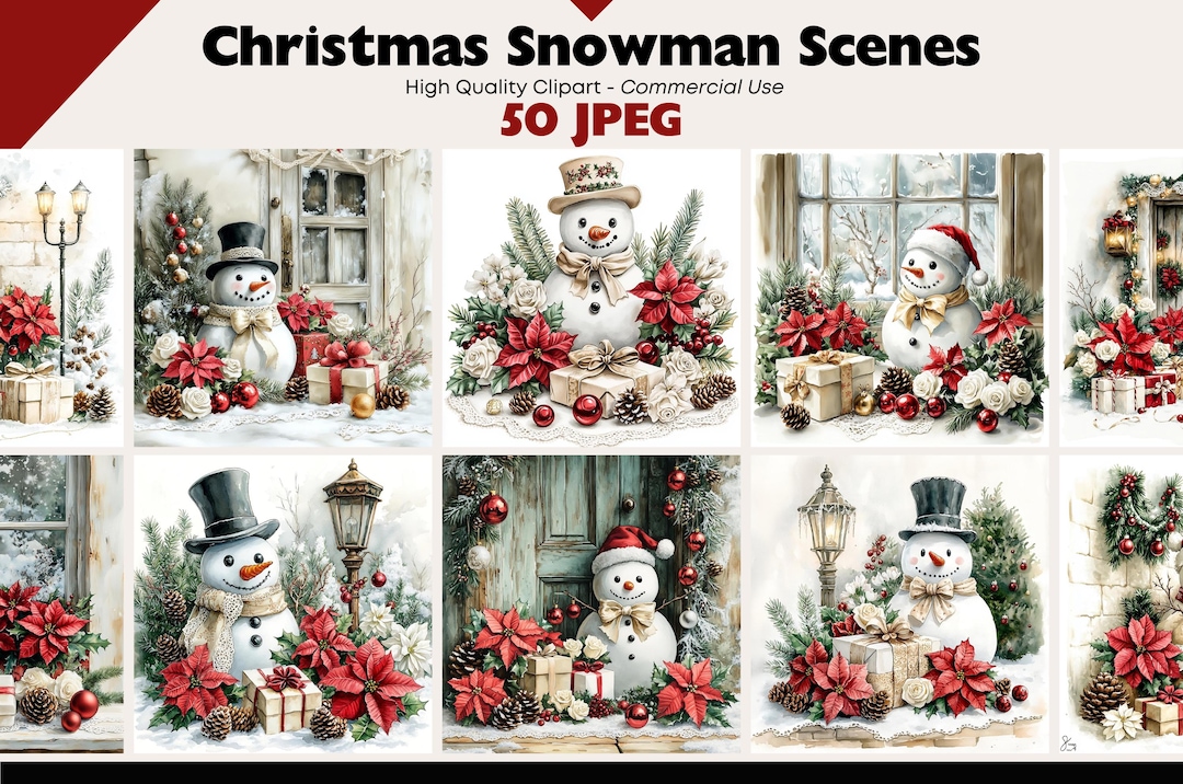 Snowman Christmas Scene Clipart Bundle Cheerful Winter Graphics Digital ...