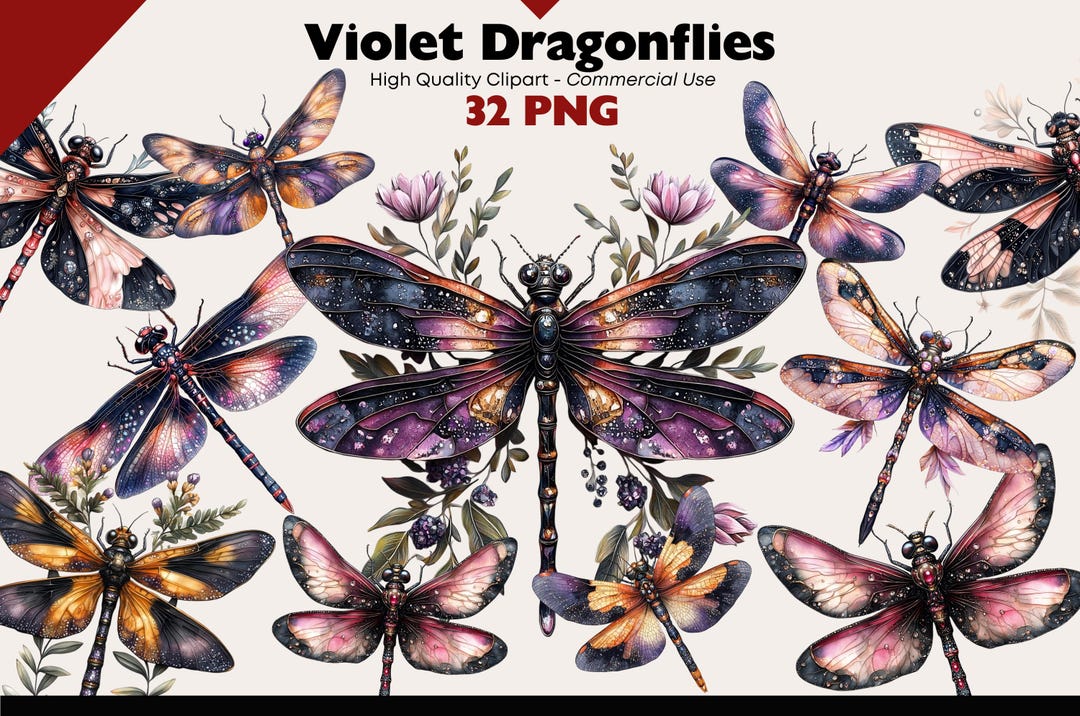 Violet Dragonflies Clipart PNG Watercolor Insects, Purple and Gold ...