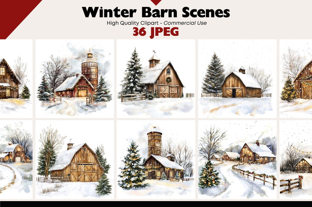 Winter Barn Clipart Bundle Snowy Landscapes Graphics Digital Download ...