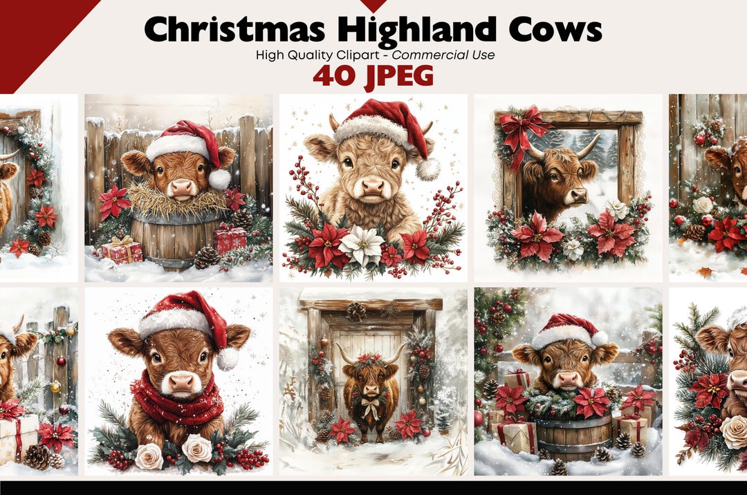 Christmas Highland Cows Clipart Bundle Snowy Landscapes Graphics ...