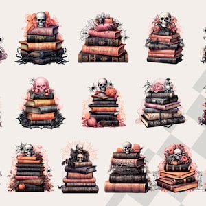 Creepy Stack of Books Clipart Bundle, Skeleton Book Watercolor, Book ...