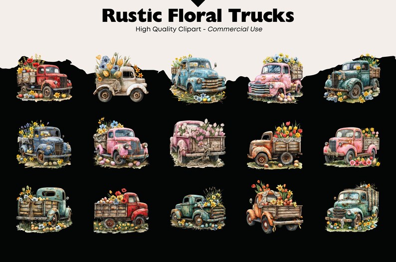 Rustic Truck Clipart Bundle, Old Vehicle Watercolor Graphics, Floral ...
