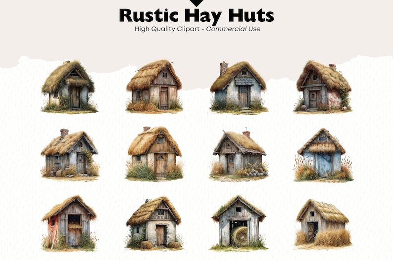 Rustic Hay Huts Clipart Bundle, Countryside Hay House Watercolor, Rural ...