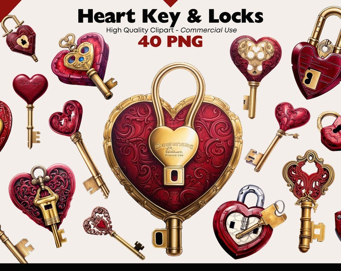 Lock and Key Clipart Bundle, Heart Lock PNG, Romantic Clip Art, Key to ...
