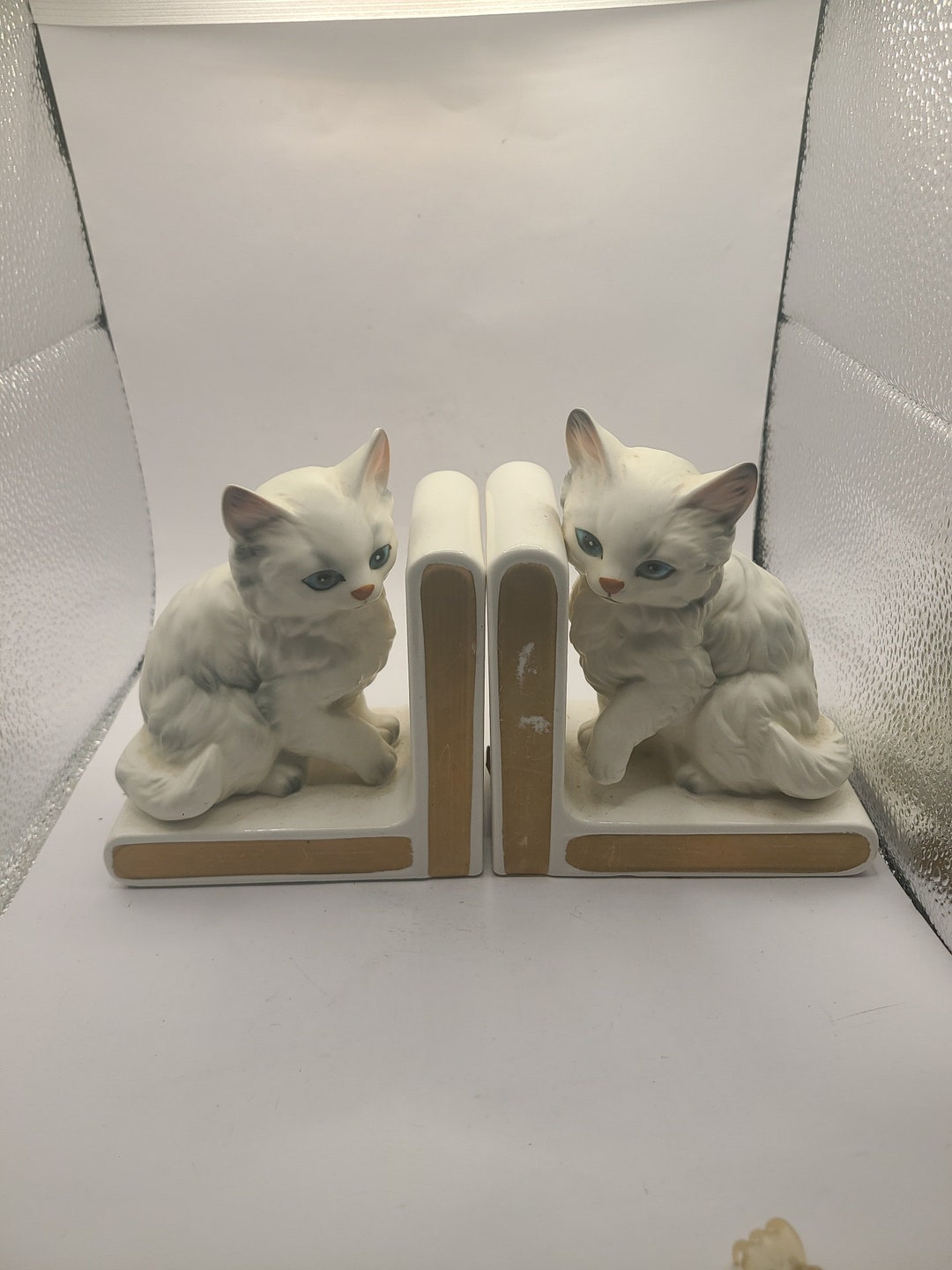 Book Ends Lefton Persian Cats in White W Gold and Blue Eyes.. 4837. Vtg ...