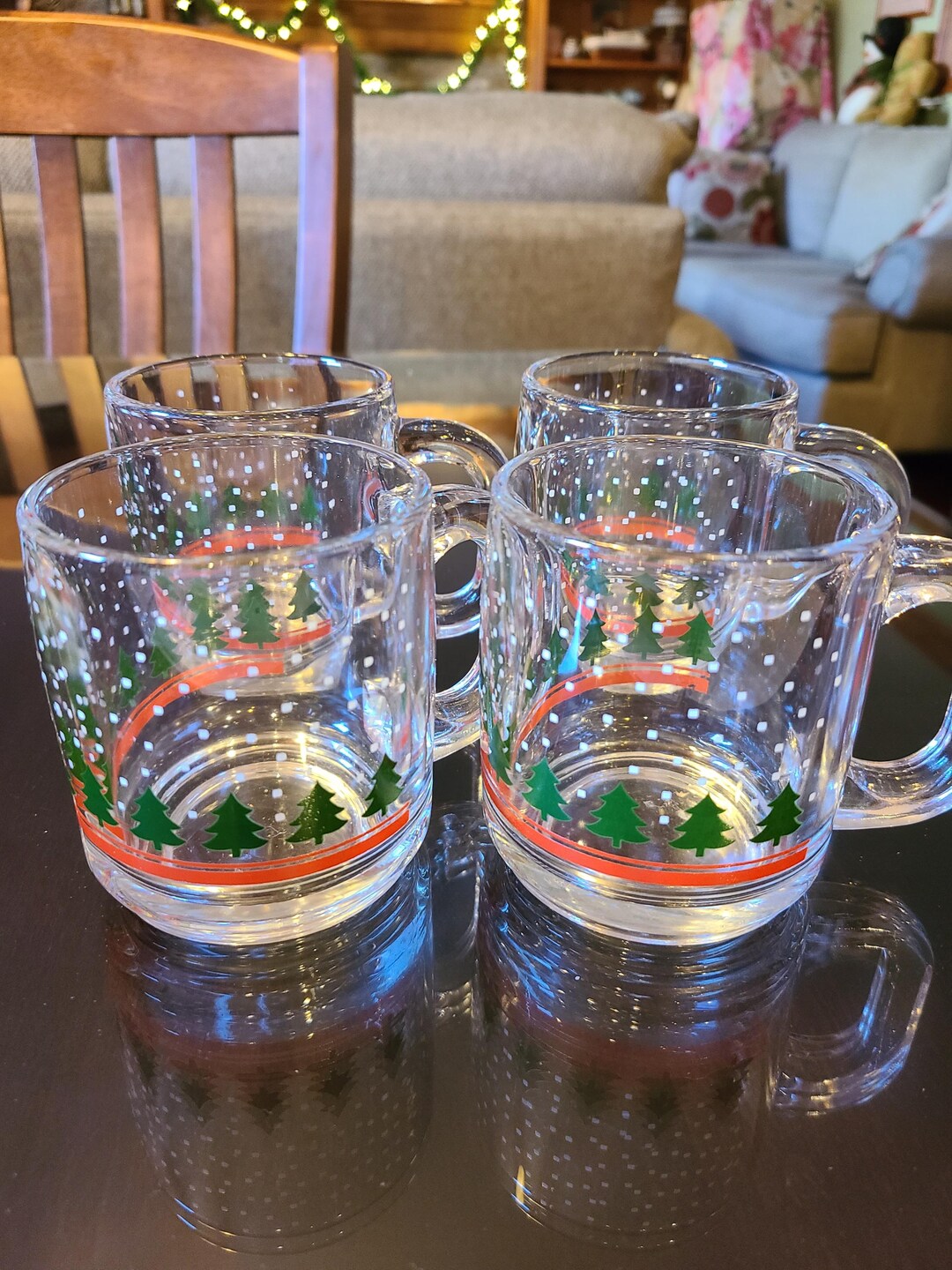 Libbey Christmas 4 Piece Glassware W Handles Trees W Snow. EUC - Etsy