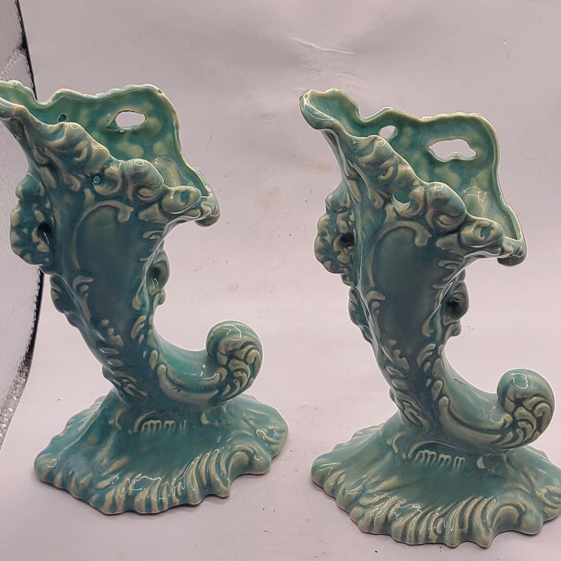 Vintage Japan Set of 2 Cornucopia Vases in Turquoise and Cream. Euc. - Etsy