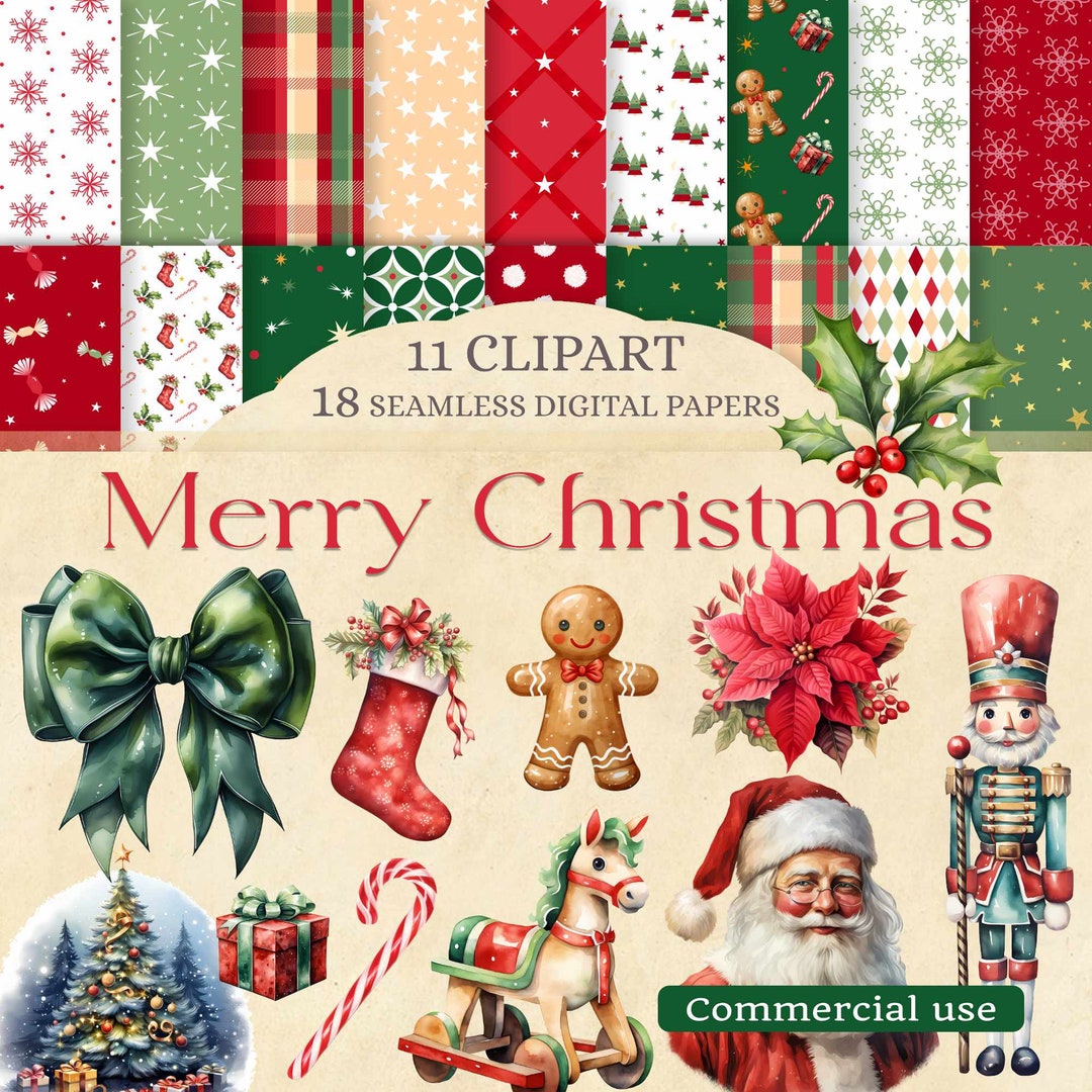 Christmas Digital Papers, Traditional Watercolor Christmas Clipart ...
