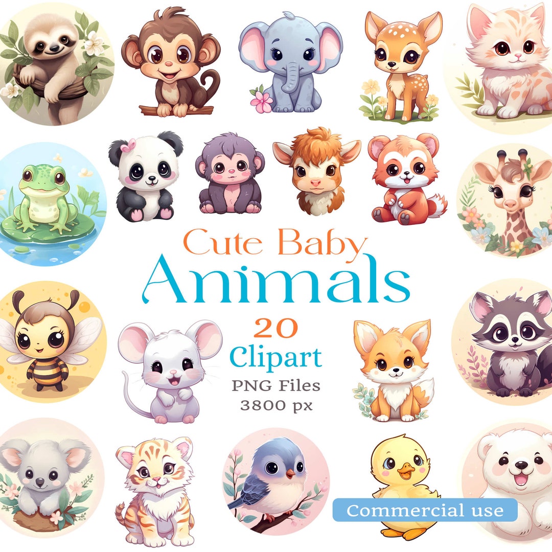 Cute Baby Animals PNG Clipart for POD, Stickers, Scrapbooking, DIY ...