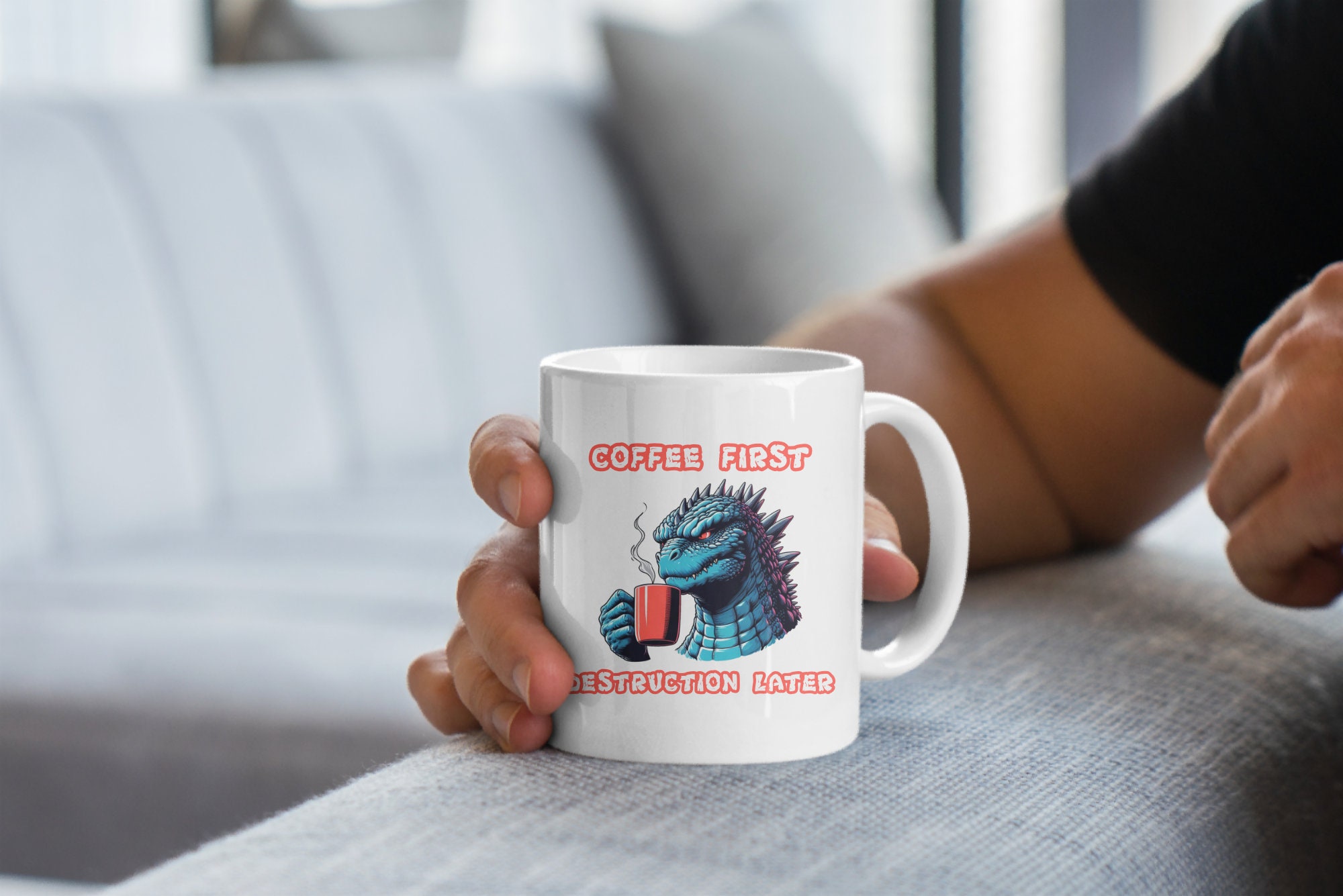 King of the Monsters Needs Coffee First Destruction Later Mug, Godzilla ...
