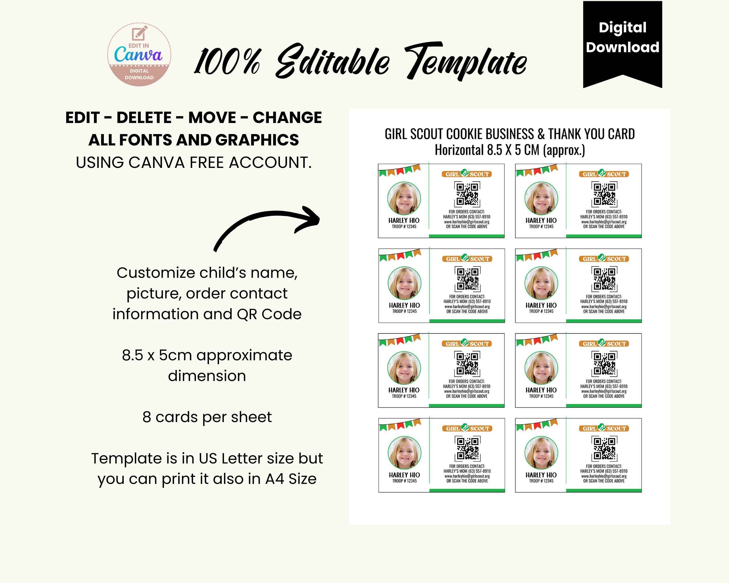 Editable Girl Scout Cookie Business Card and Thank You Note Card With ...