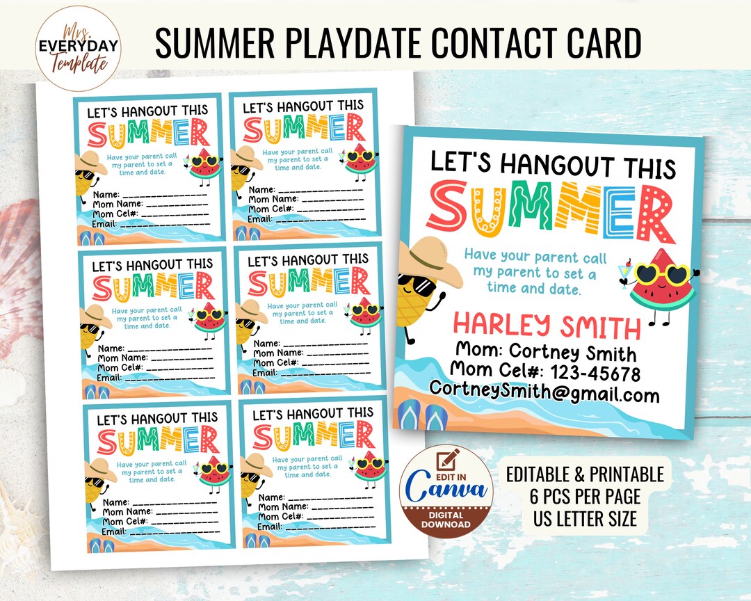 Editable Playdate Cards Template, Custom Playdate Contact Card for Kids ...