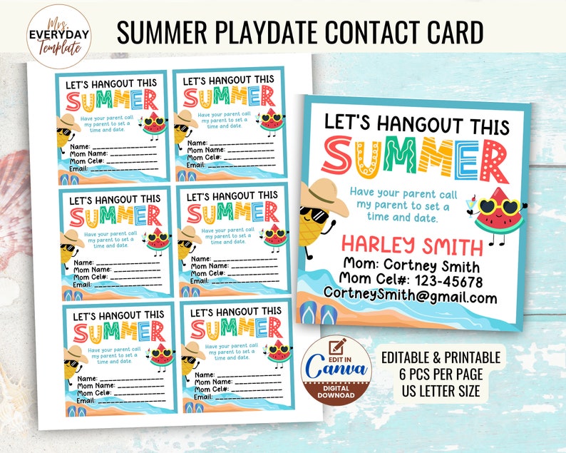 Editable Playdate Cards Template, Custom Playdate Contact Card for Kids ...