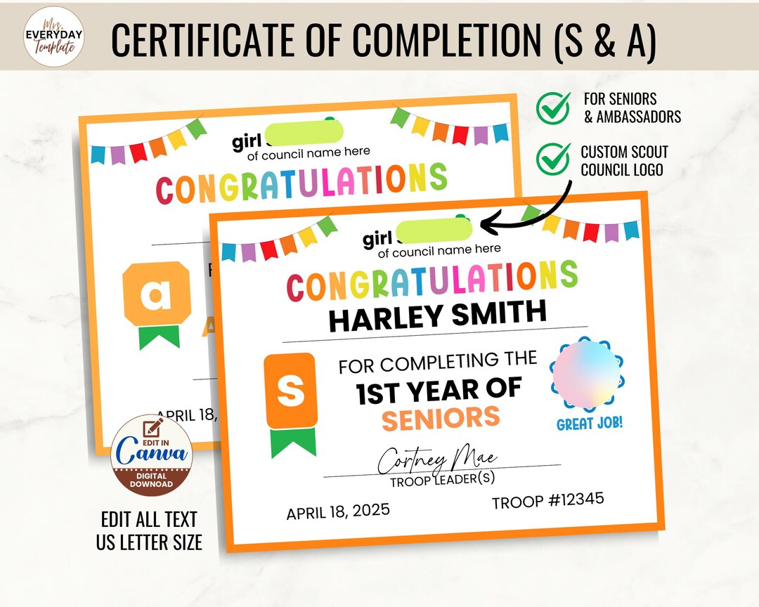 Editable Scout Certificate of Completion for Senior Ambassador Scout ...
