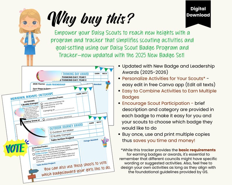 Personalize Daisy Scout Badge Tracker Editable Scout Badge Checklist W ...