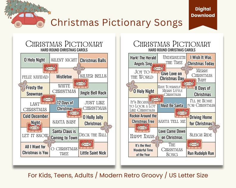 Christmas Pictionary Cards Printable, Christmas Pictionary Songs, Retro ...