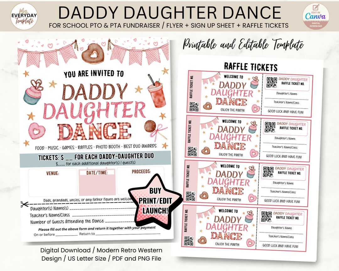 Daddy Daughter Dance Invitation Flyer Sign up Sheet Raffle Tickets ...