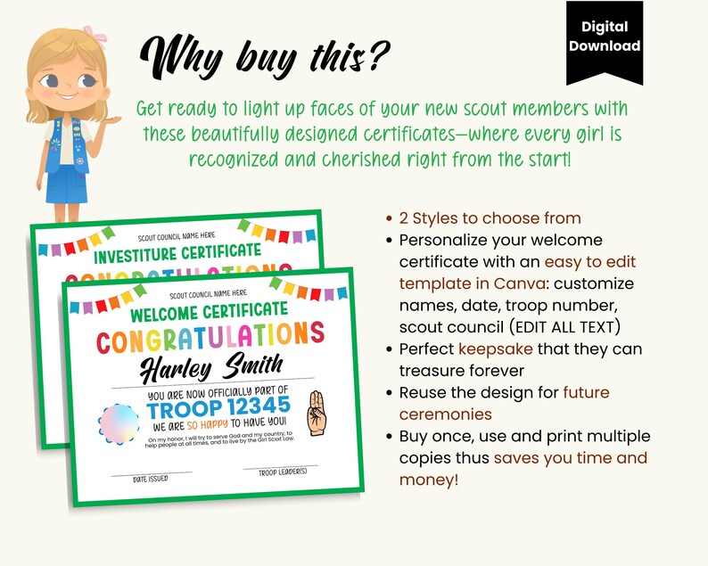 Custom Scout Certificate Welcome Daisy Scout Certificate of Investiture ...