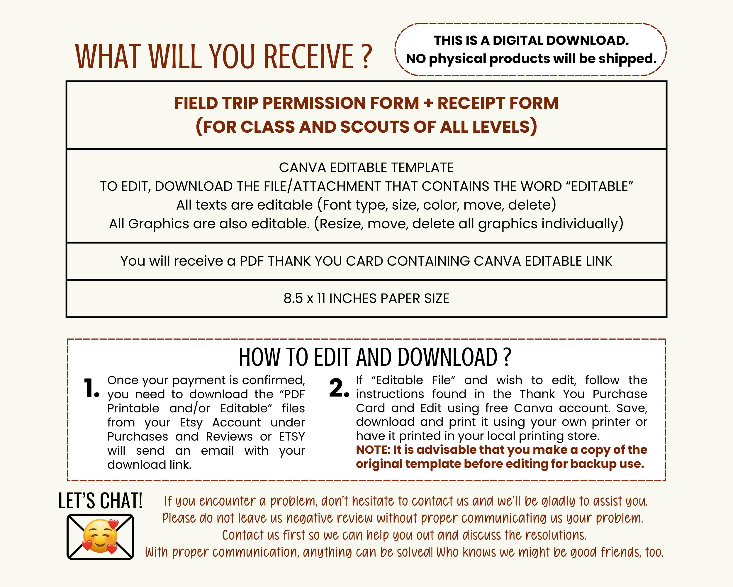 Editable Field Trip Permission Slip & Receipt Form (canva Template) - Etsy