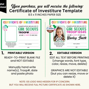 Editable Girl Scout Certificate of Investiture W/ Photo, Girl Scout ...