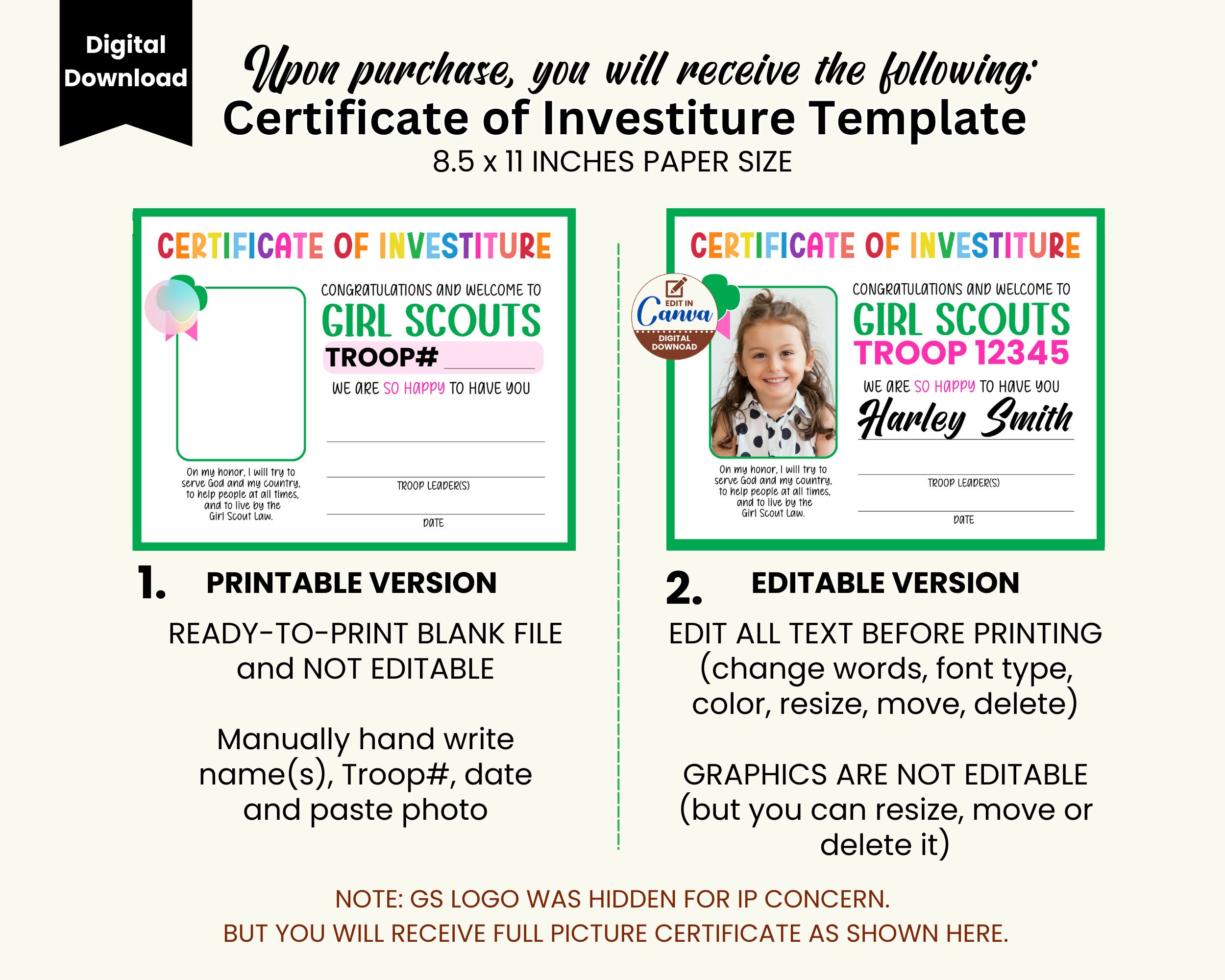 Editable Girl Scout Certificate of Investiture W/ Photo, Girl Scout ...